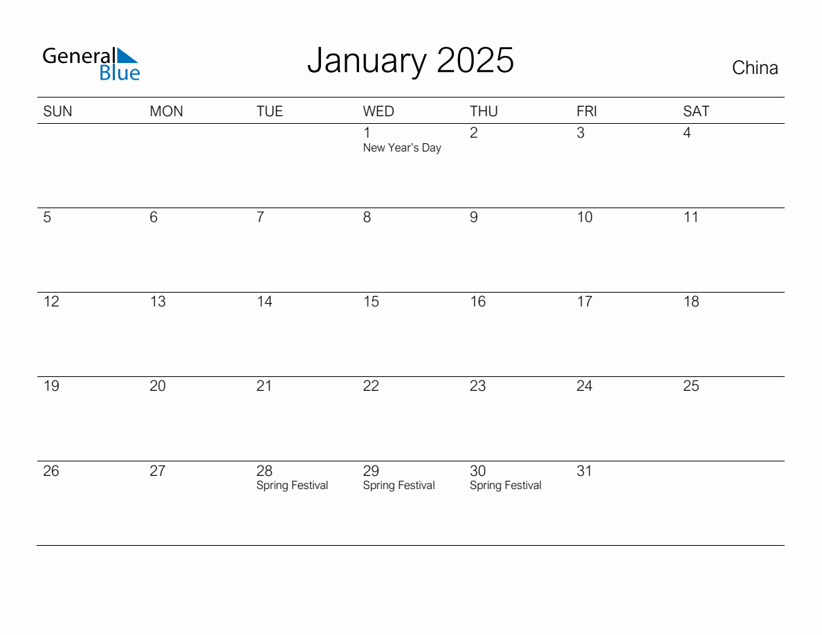 Printable January 2025 Monthly Calendar with Holidays for China