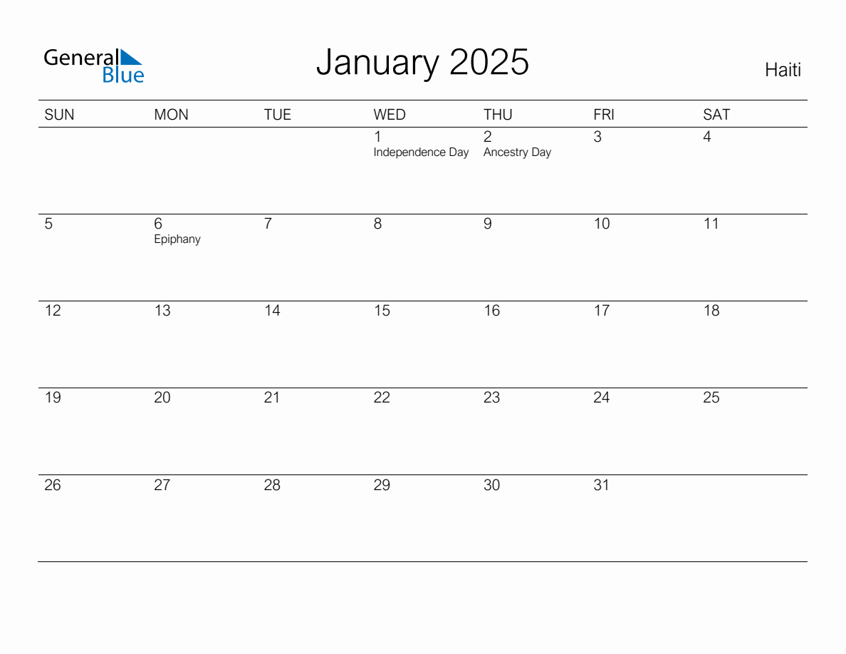 Printable January 2025 Monthly Calendar with Holidays for Haiti