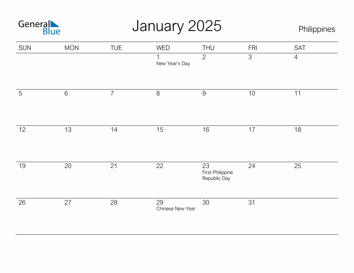 Printable January 2025 Monthly Calendar with Holidays for Philippines