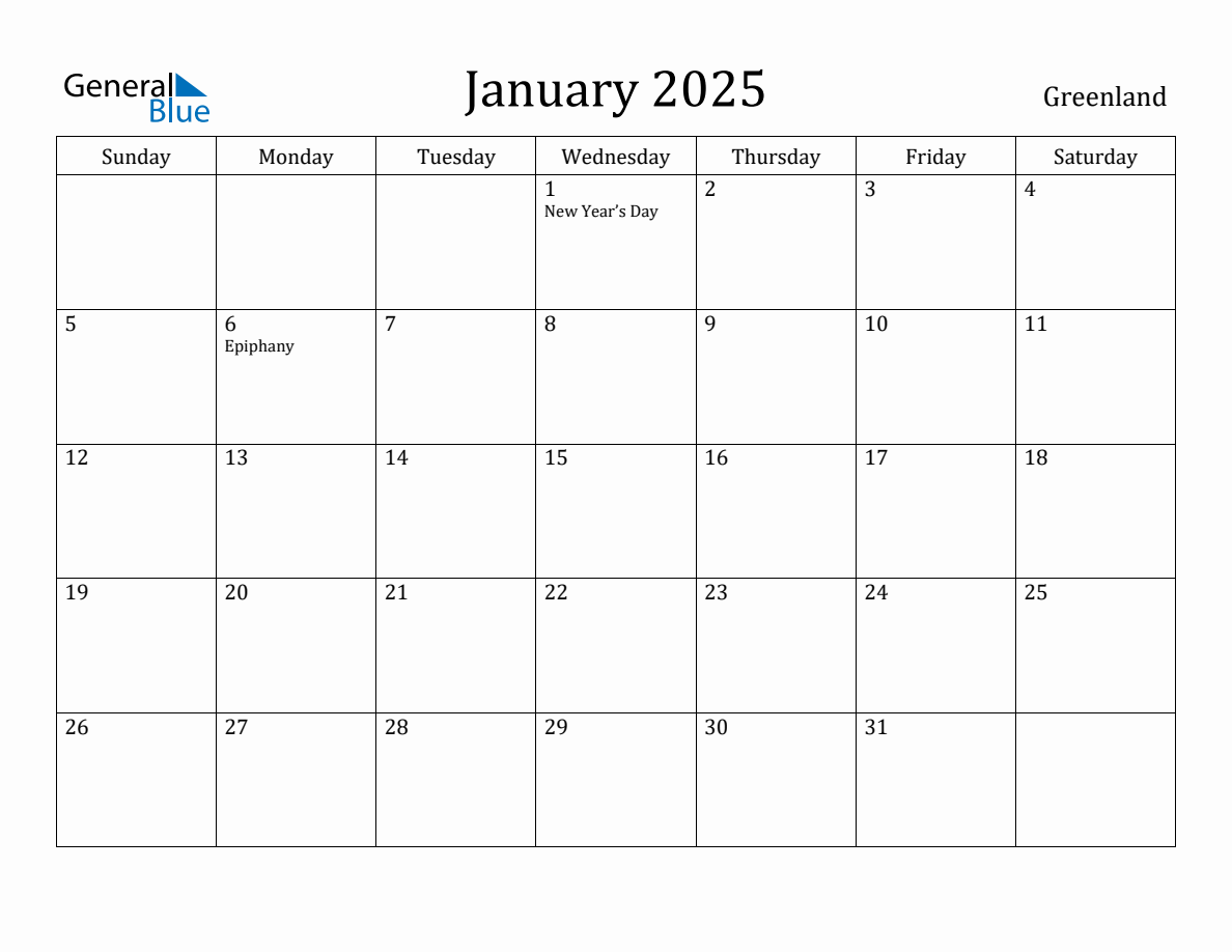 January 2025 Monthly Calendar with Greenland Holidays