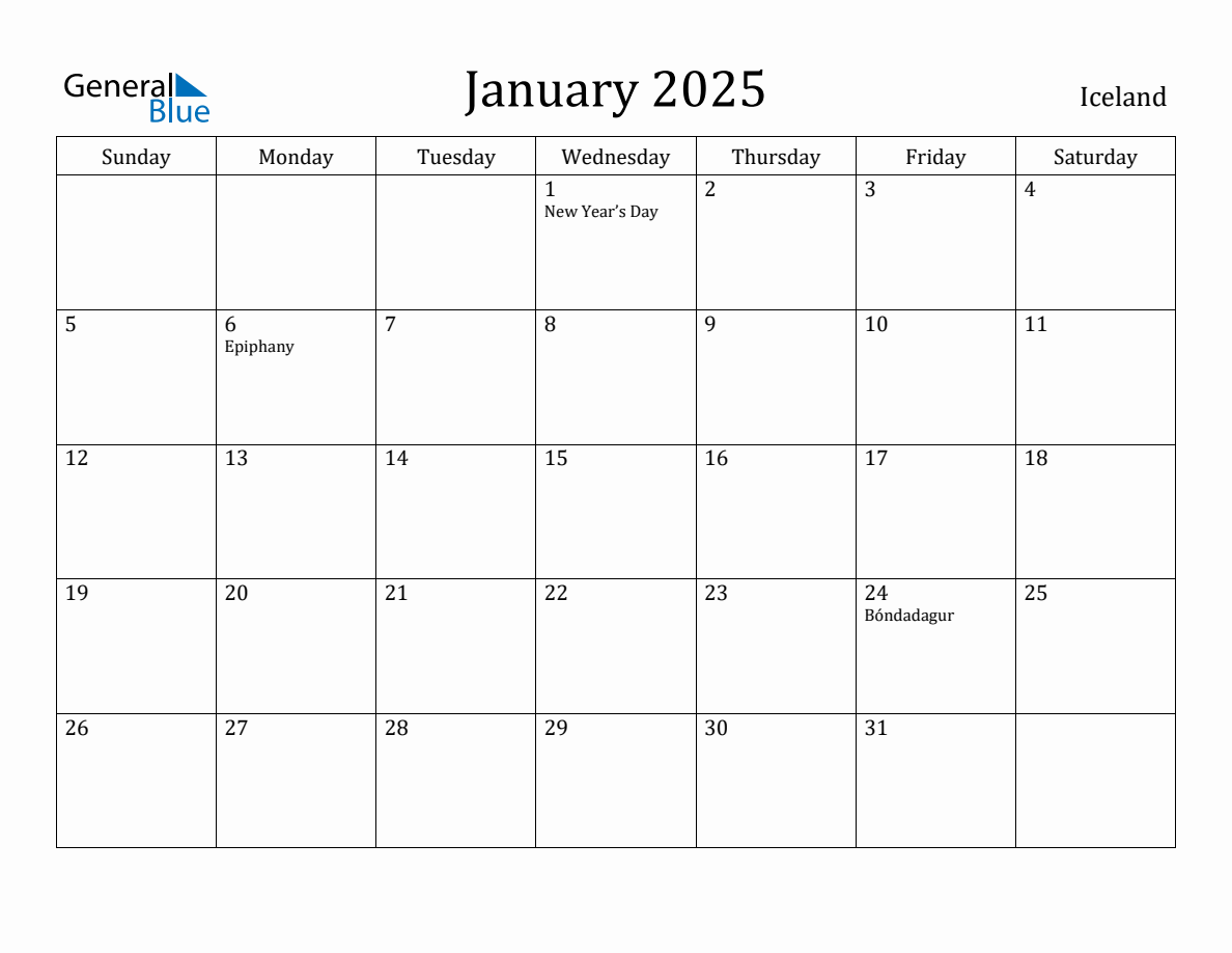 January 2025 Monthly Calendar with Iceland Holidays
