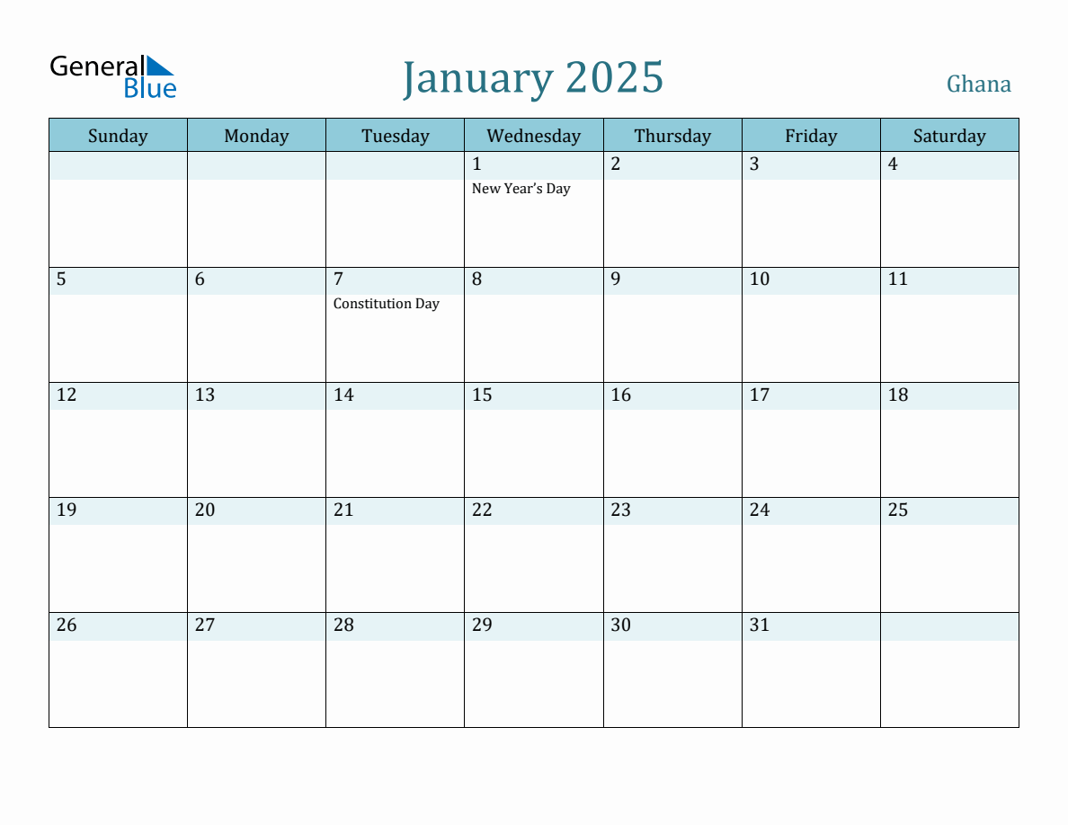 Ghana Holiday Calendar for January 2025