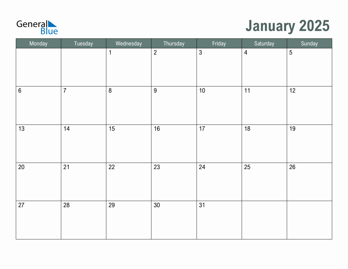 Blank January 2025 Monthly Calendar Template - Monday Start