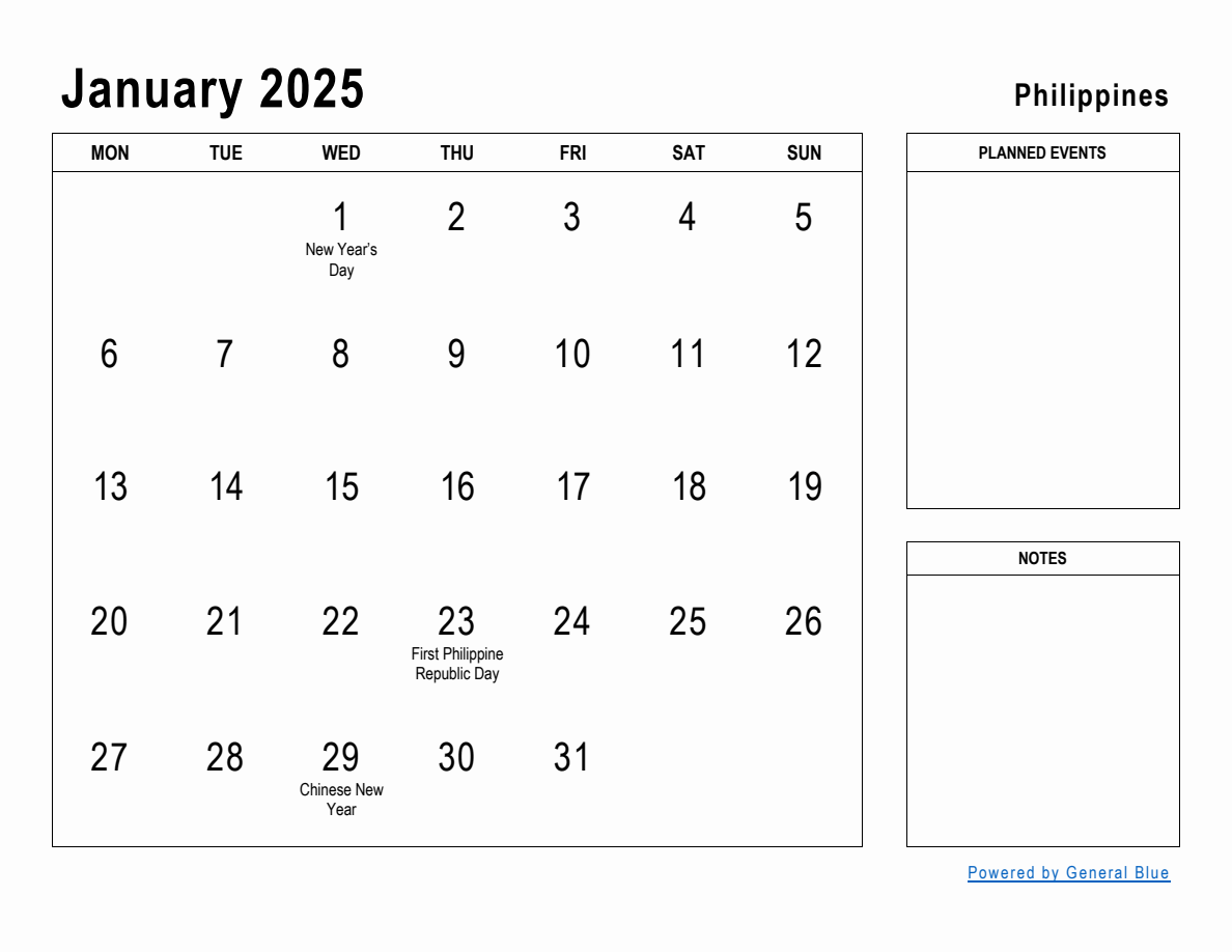 January 2025 Planner with Philippines Holidays (Monday Start)