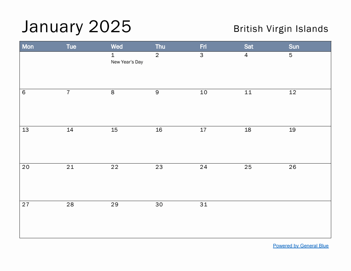 Free Monthly Calendar Template for January 2025 with British Virgin ...