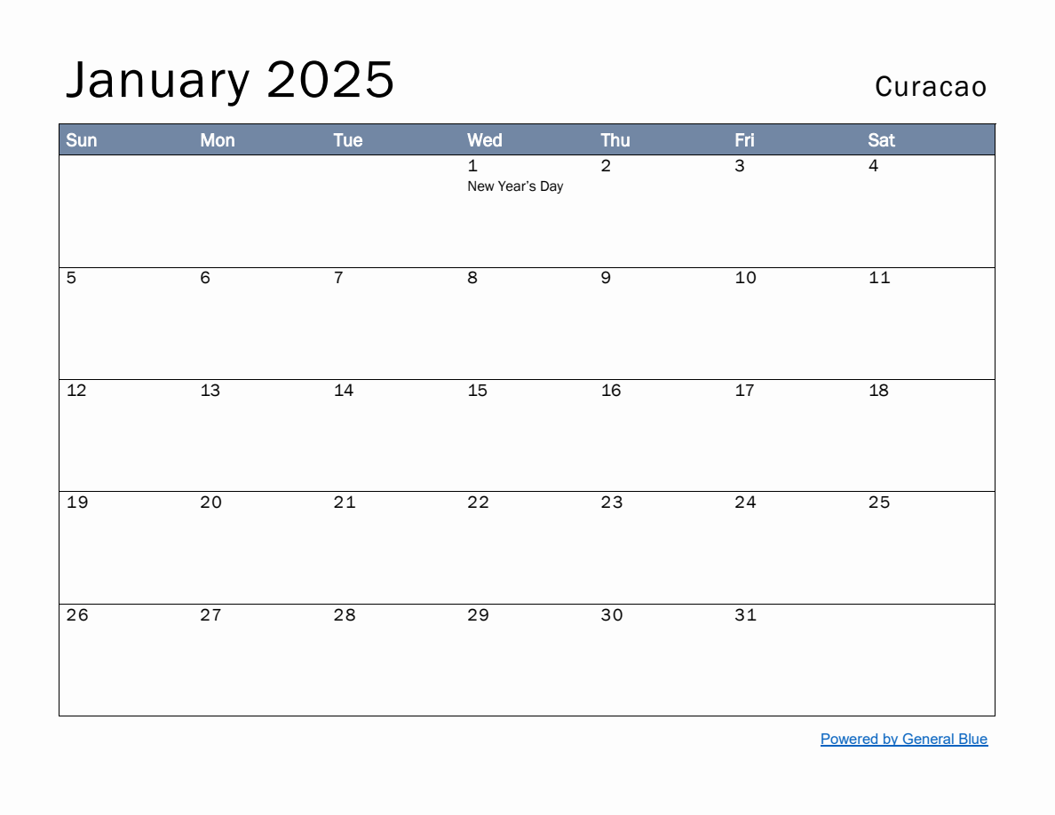 Free Monthly Calendar Template for January 2025 with Curacao Holidays