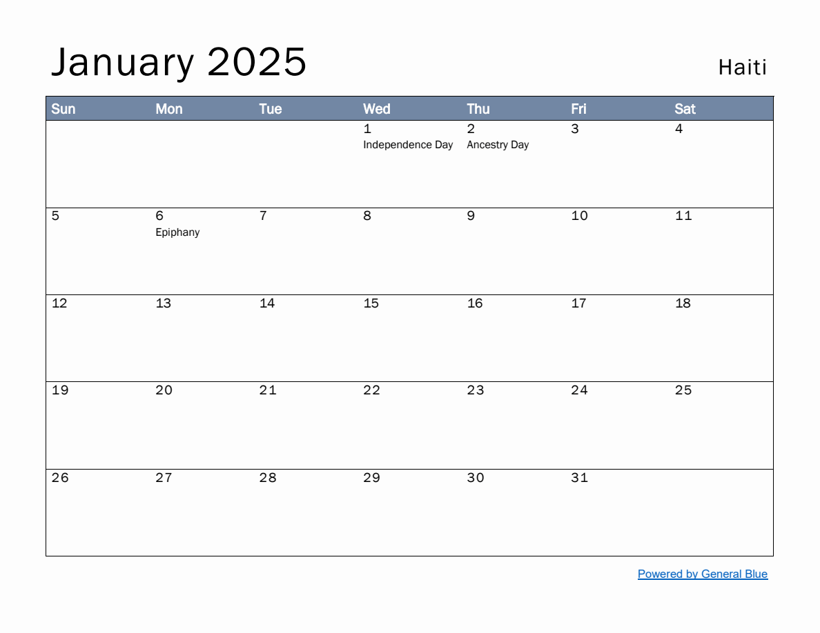 Free Monthly Calendar Template for January 2025 with Haiti Holidays