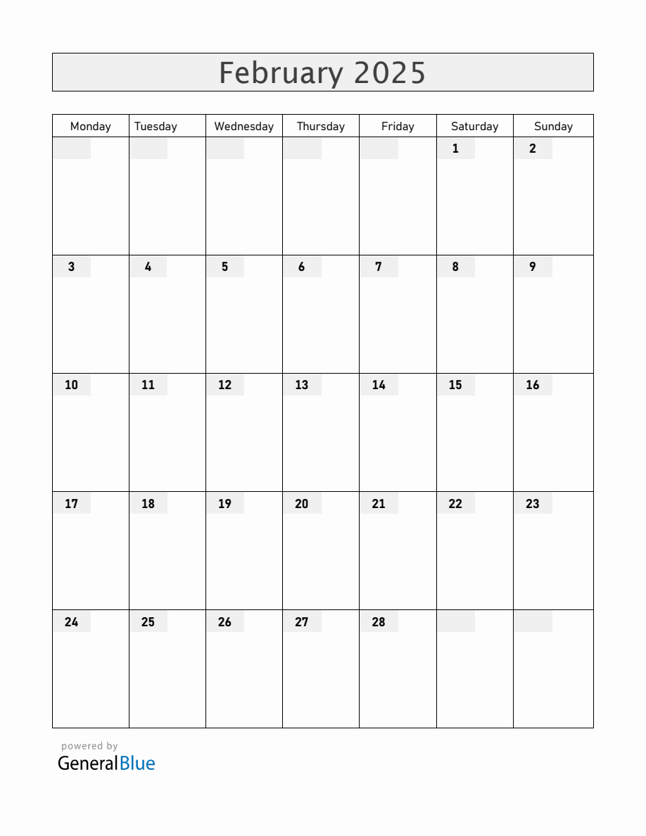 Blank February 2025 Calendar - Monday Start