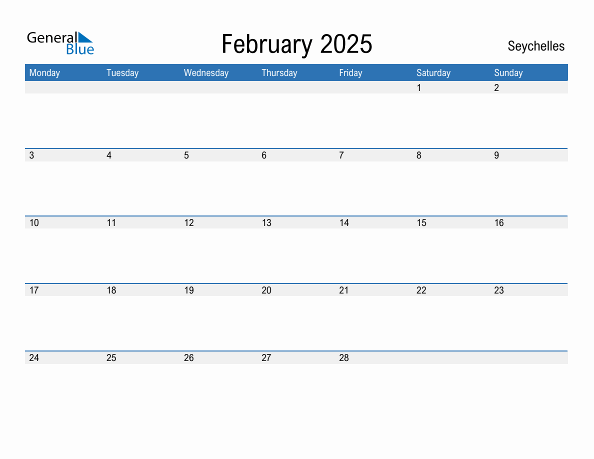 Editable February 2025 Calendar with Seychelles Holidays (Monday Start)
