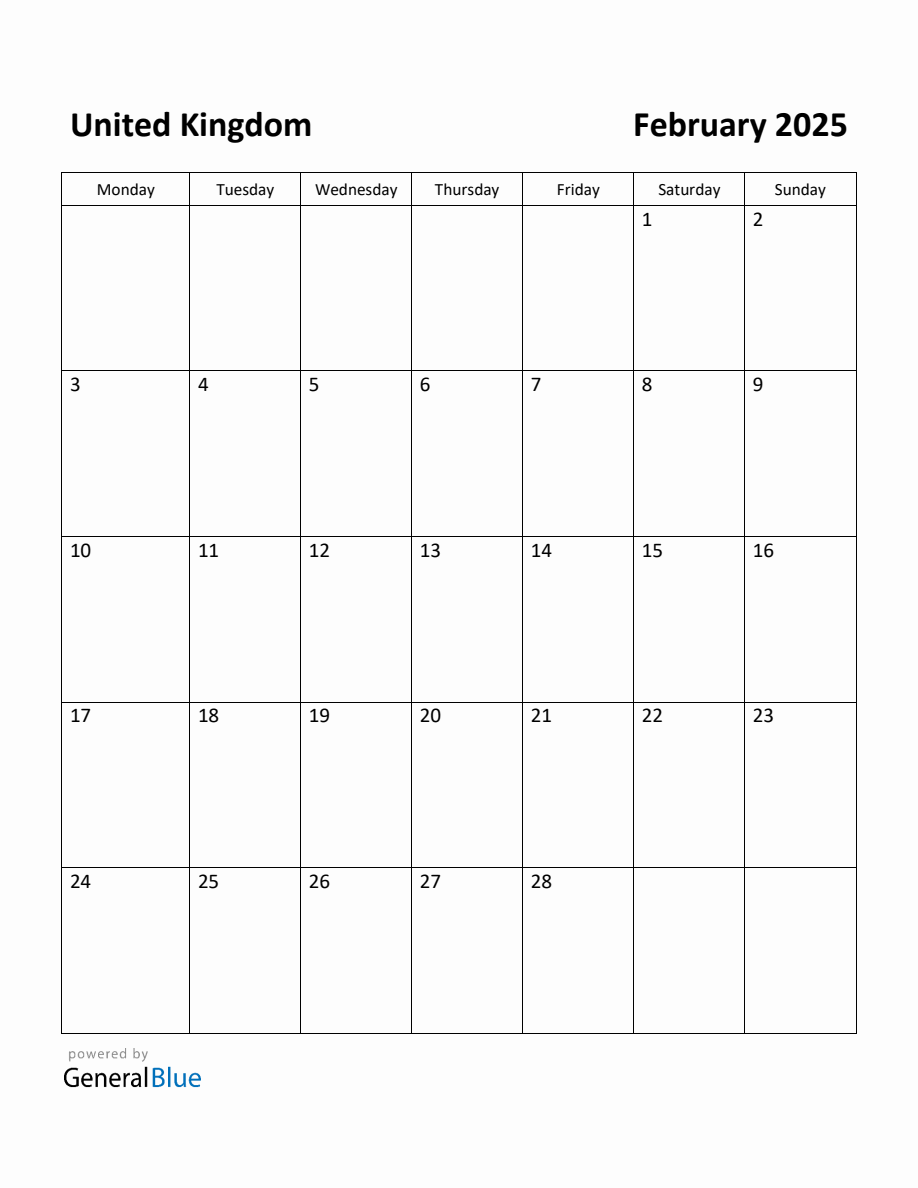 Free Printable February 2025 Calendar for United Kingdom (Monday Start)