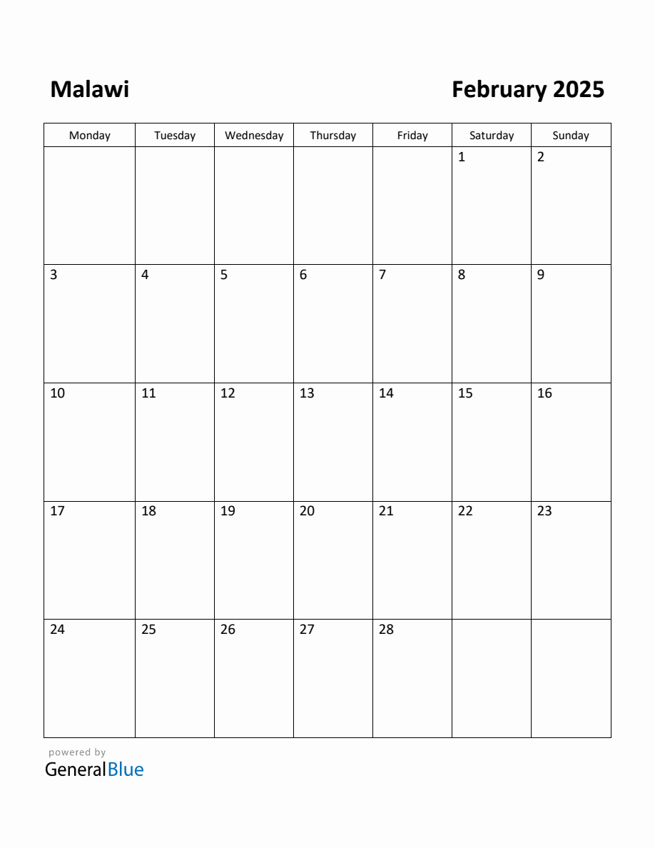 Free Printable February 2025 Calendar for Malawi (Monday Start)