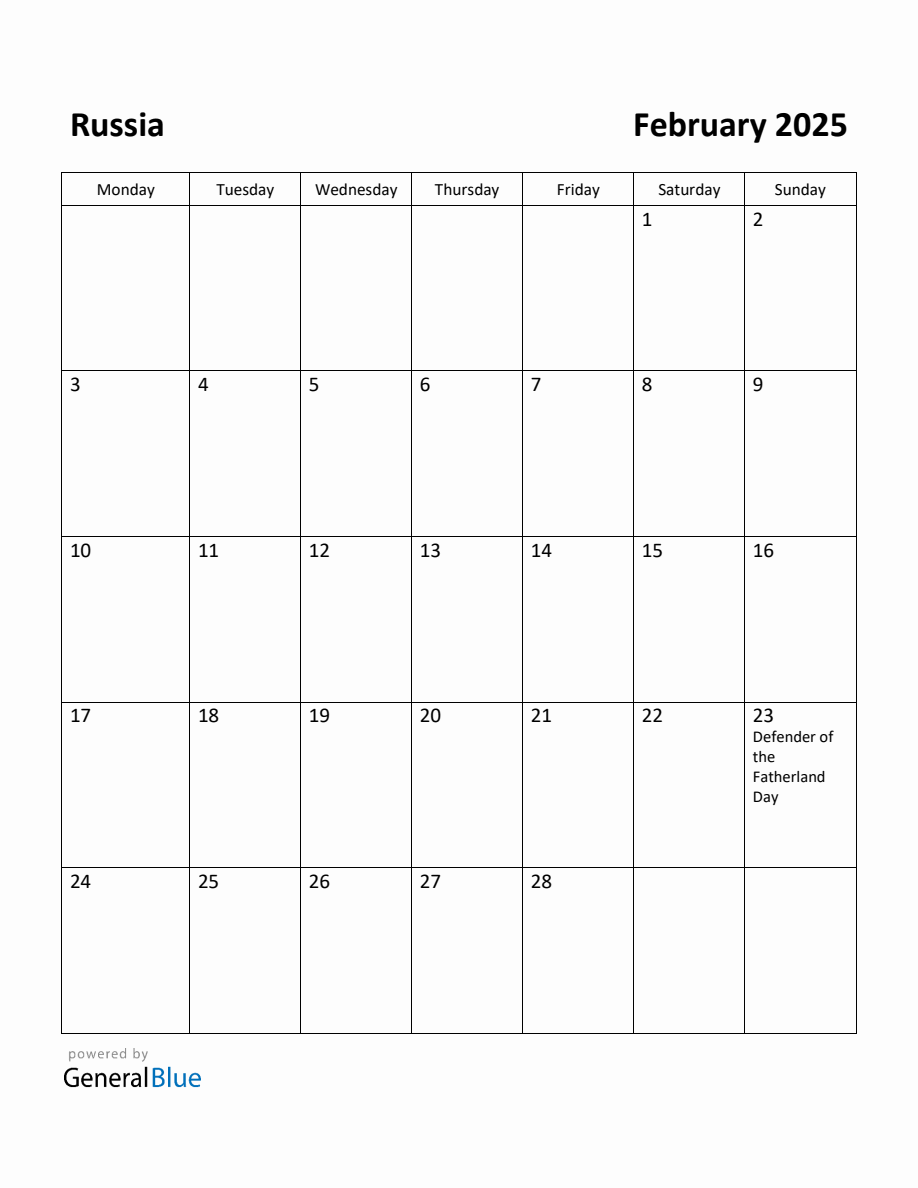 Free Printable February 2025 Calendar for Russia (Monday Start)