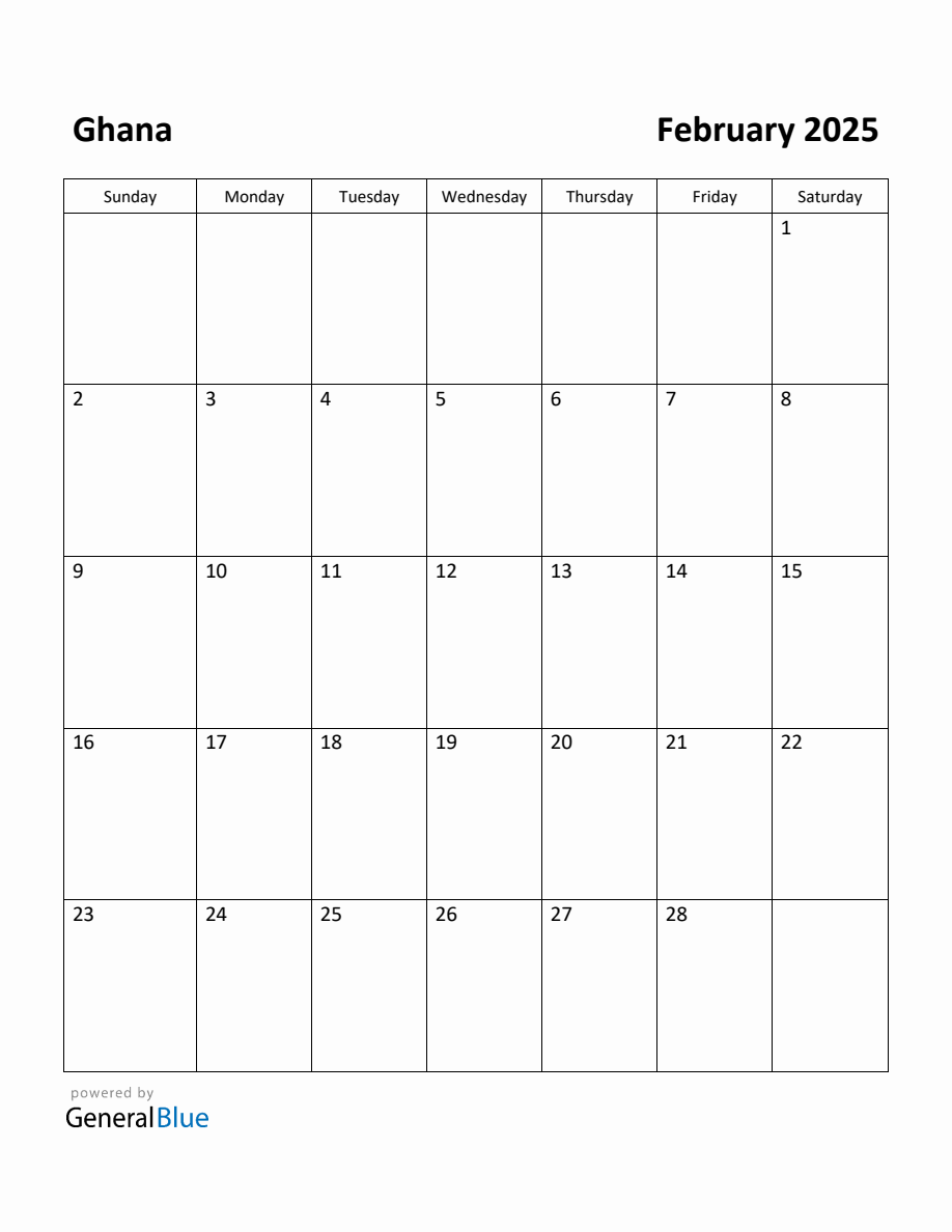Free Printable February 2025 Calendar for Ghana