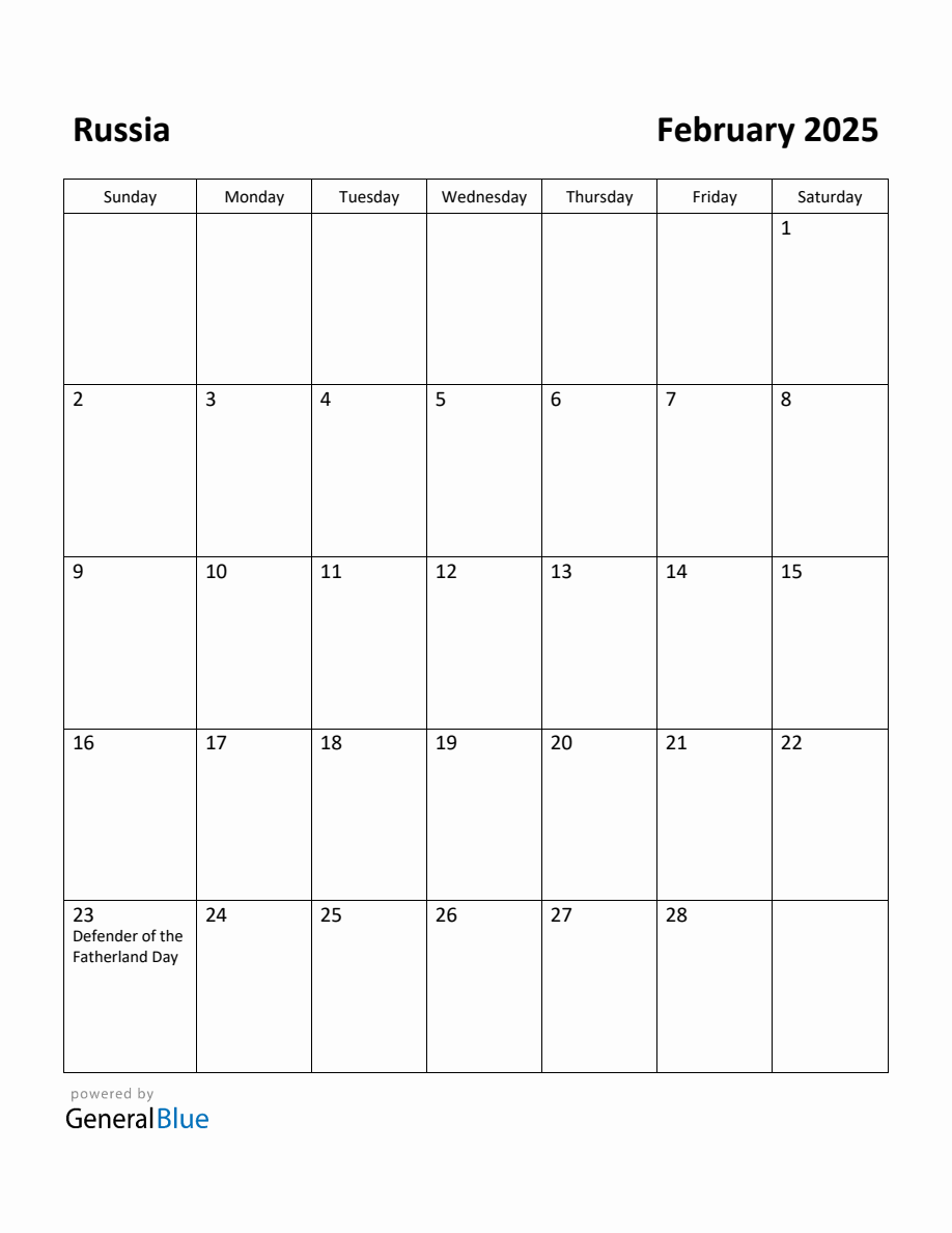 Free Printable February 2025 Calendar for Russia
