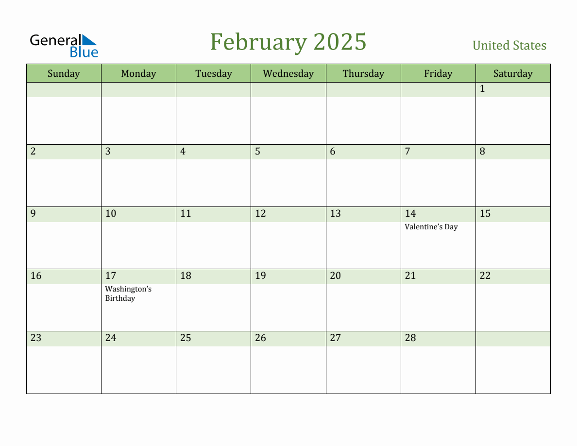 Fillable Holiday Calendar for United States - February 2025