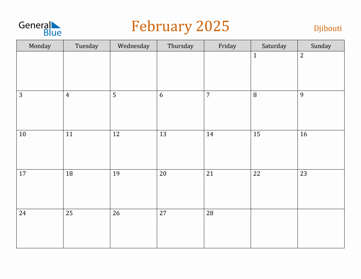 Free February 2025 Djibouti Calendar (Monday Start)