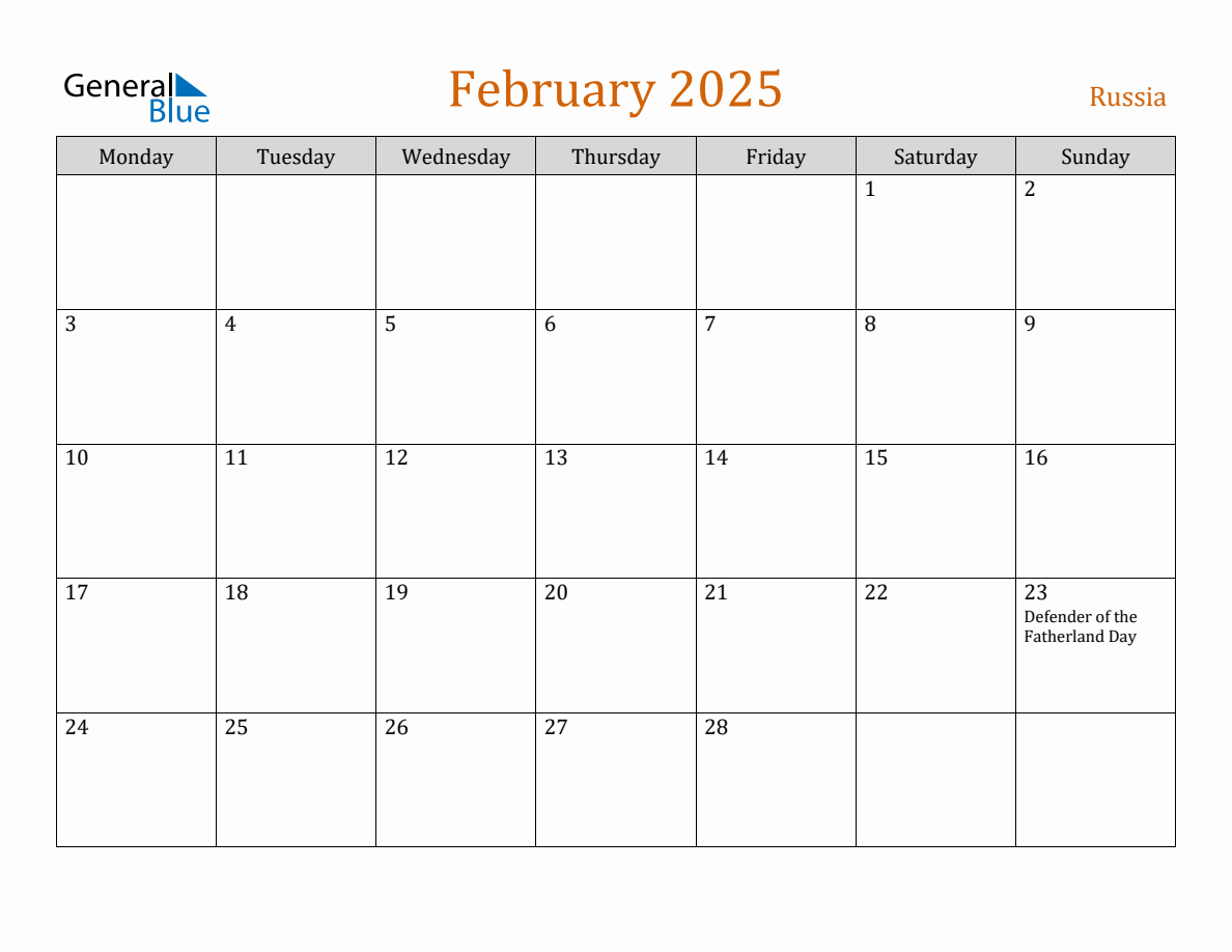 Free February 2025 Russia Calendar (Monday Start)