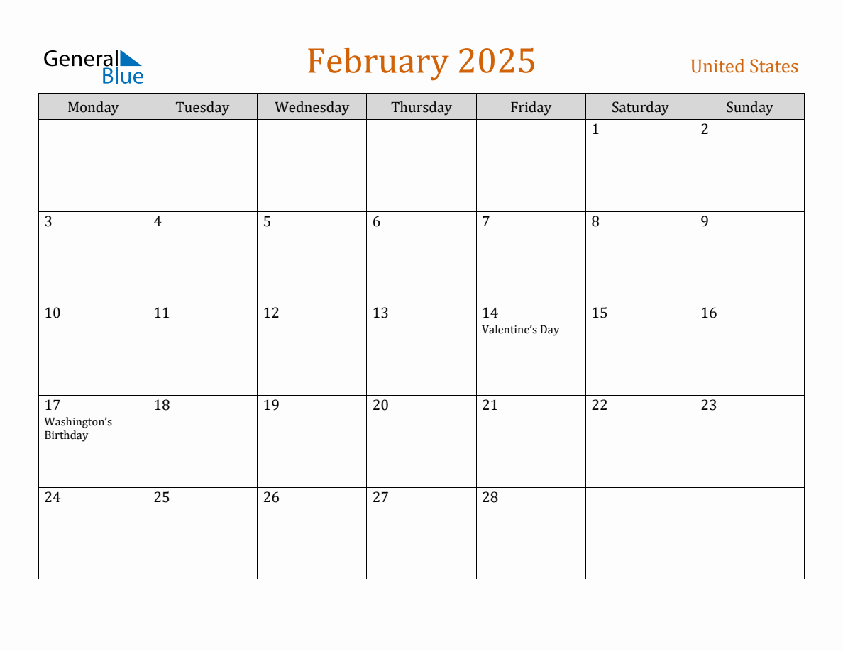 Free February 2025 United States Calendar (Monday Start)