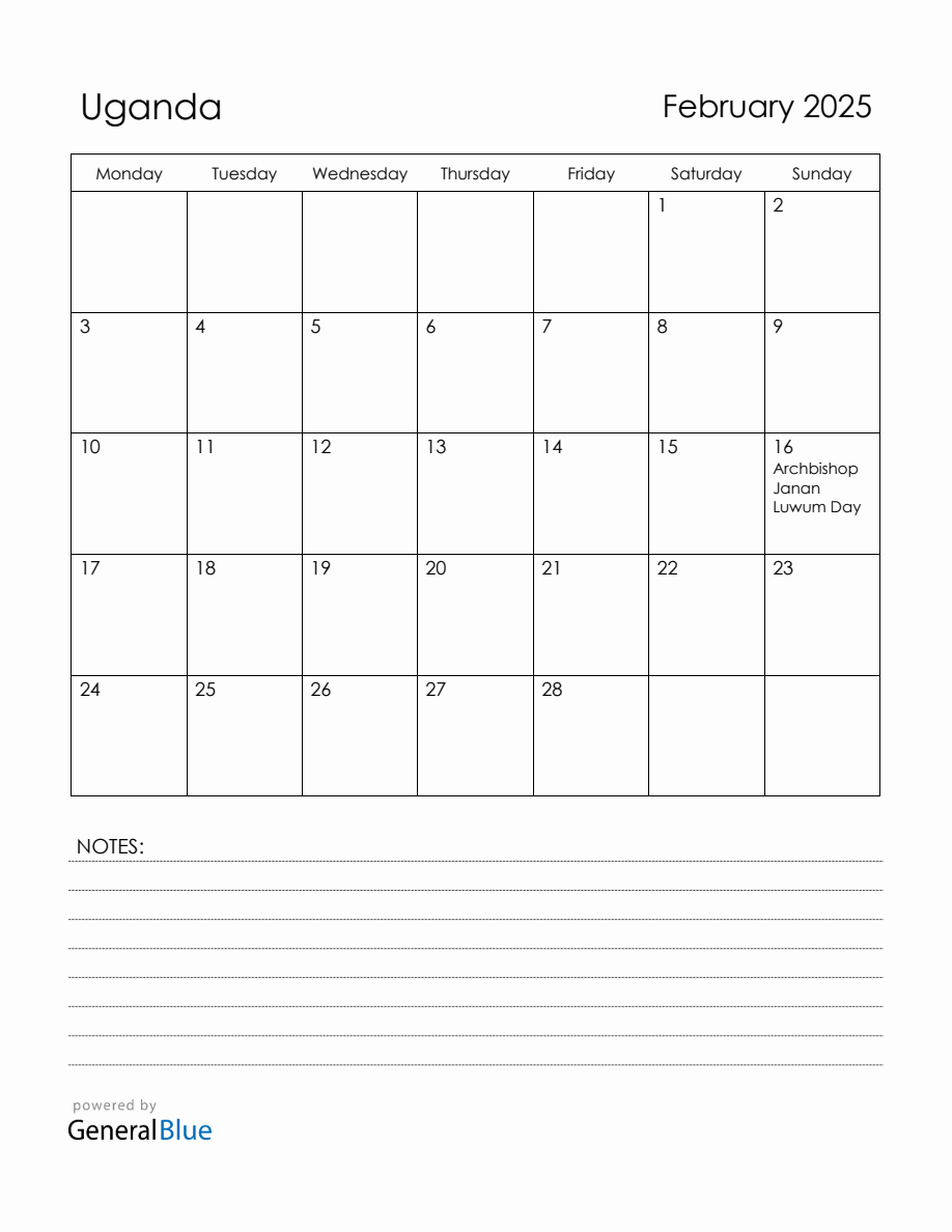February 2025 Uganda Calendar with Holidays (Monday Start)