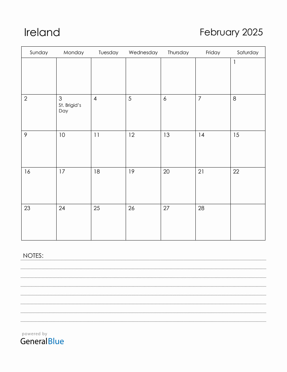 February 2025 Ireland Calendar with Holidays