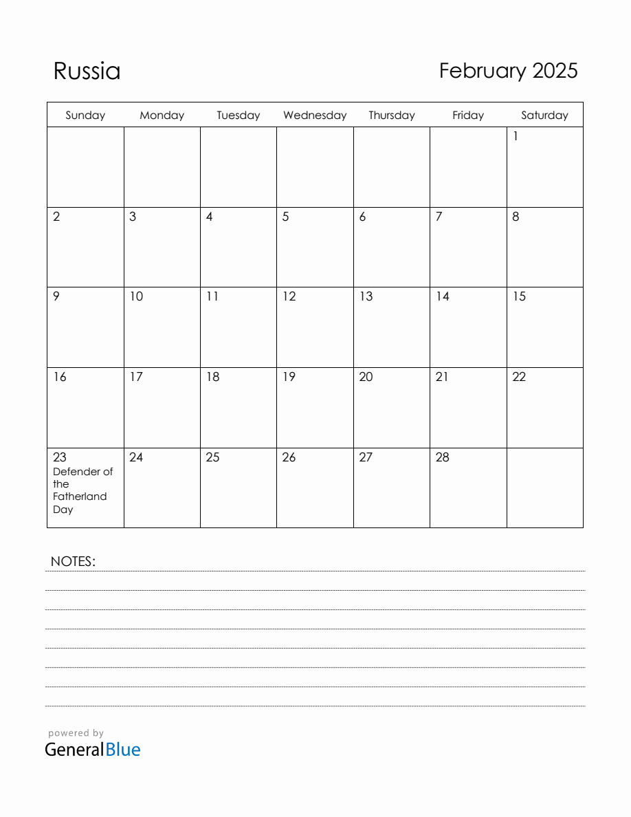 February 2025 Russia Calendar with Holidays