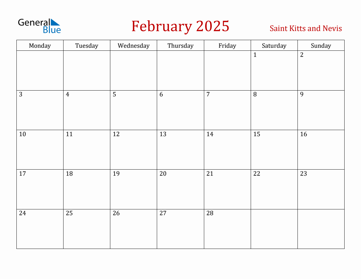 February 2025 Saint Kitts and Nevis Monthly Calendar with Holidays ...