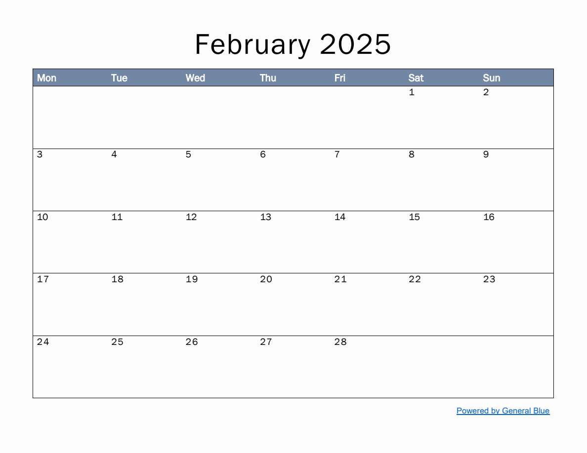 Monthly Calendar Template for February 2025 - Monday Start