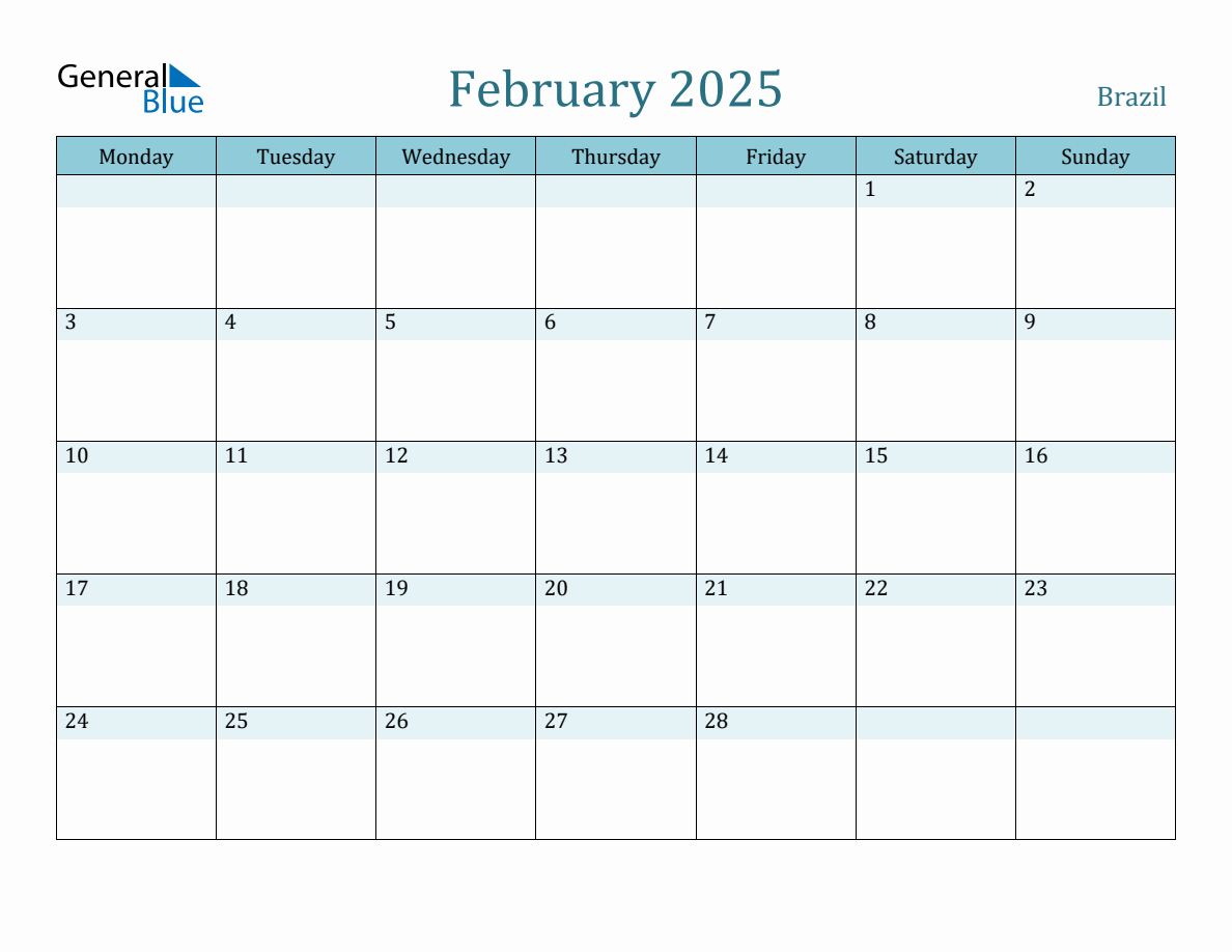 Brazil Holiday Calendar for February 2025 (Monday Start)