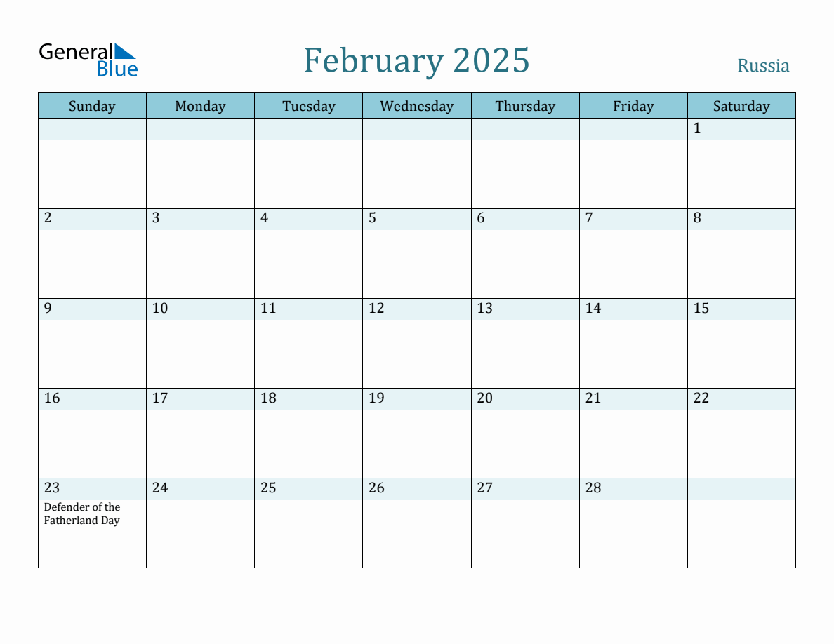 Russia Holiday Calendar for February 2025
