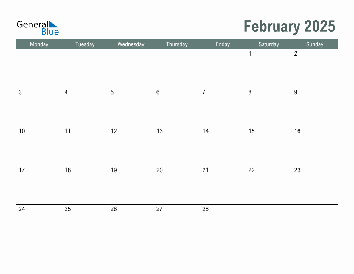 Blank February 2025 Monthly Calendar Template - Monday Start