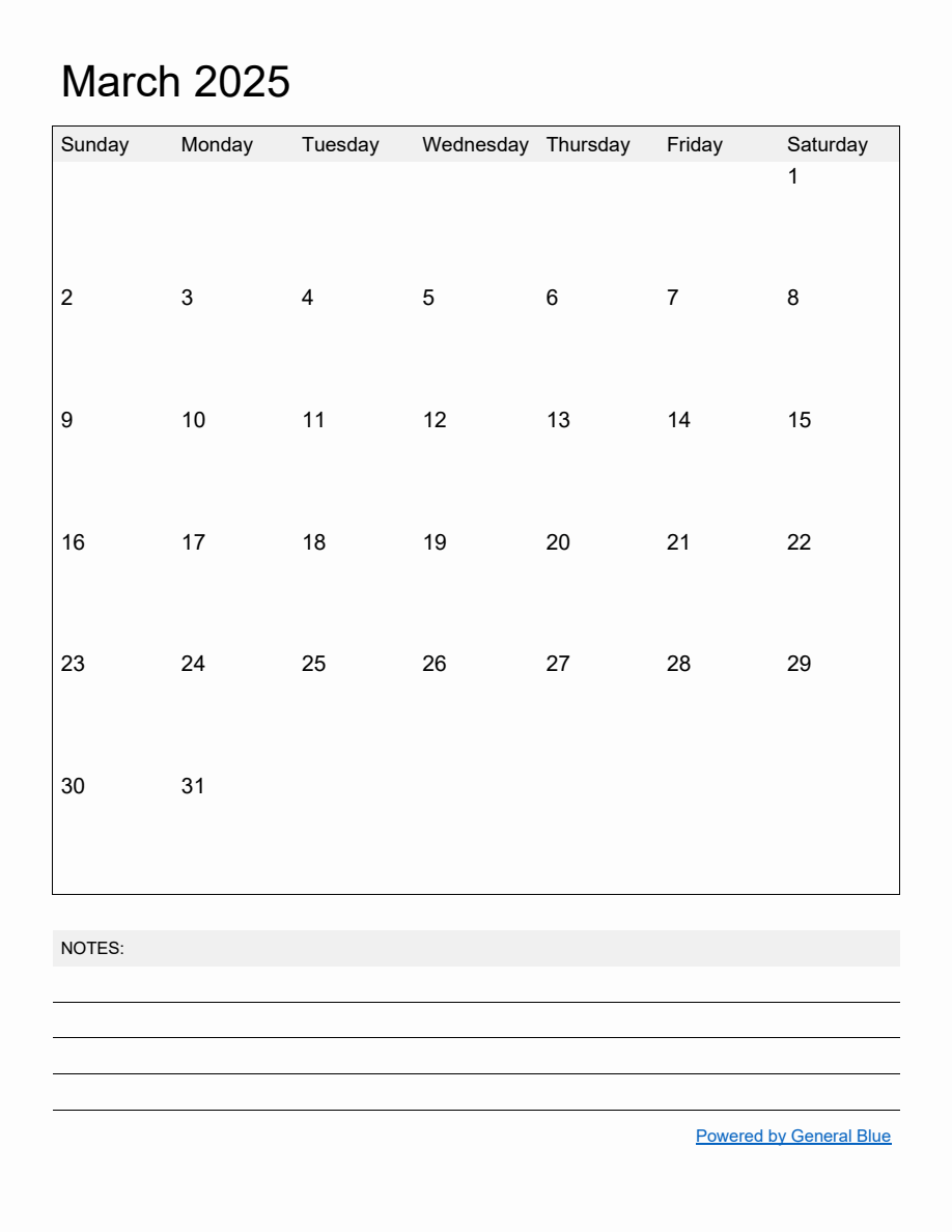 Free Printable Monthly Calendar for March 2025