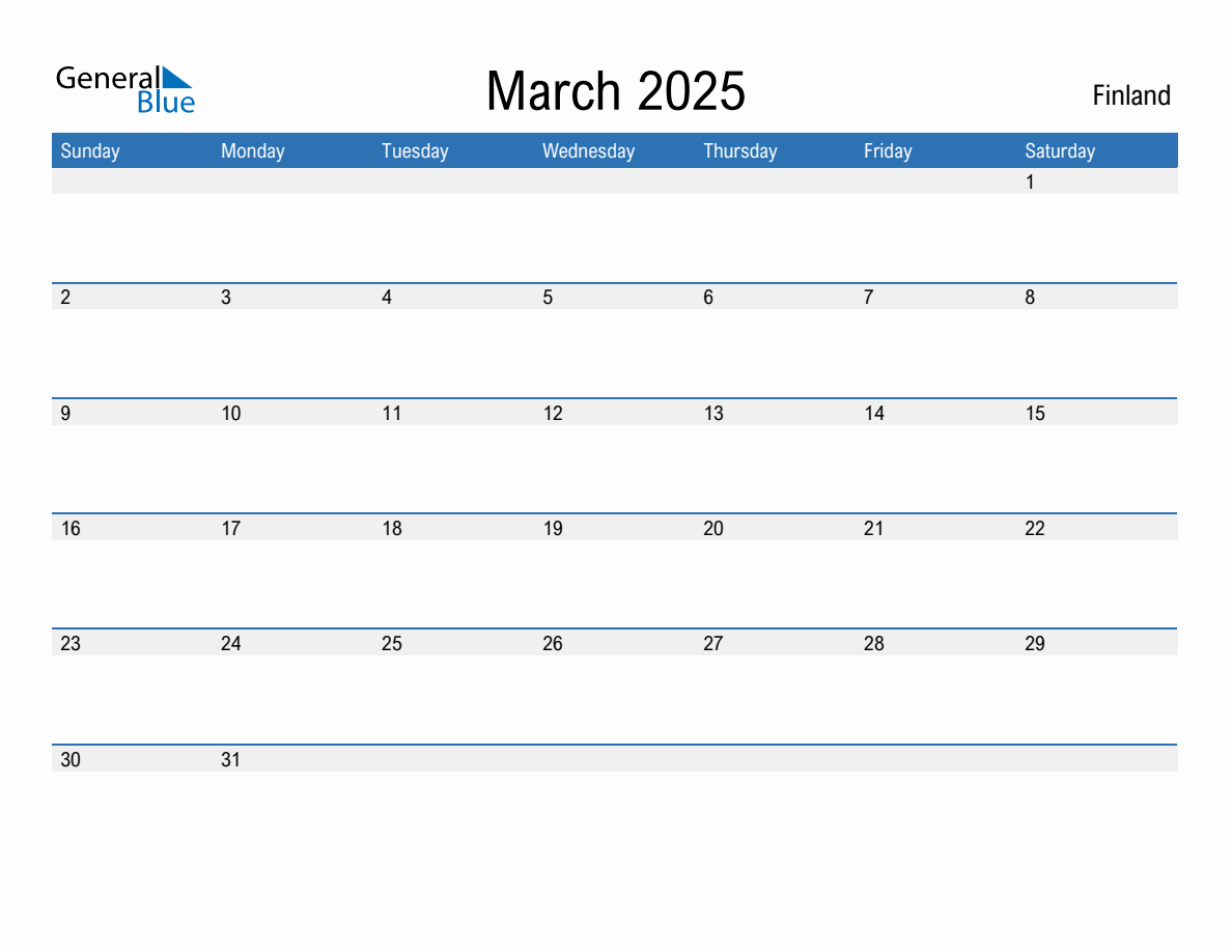 Editable March 2025 Calendar with Finland Holidays