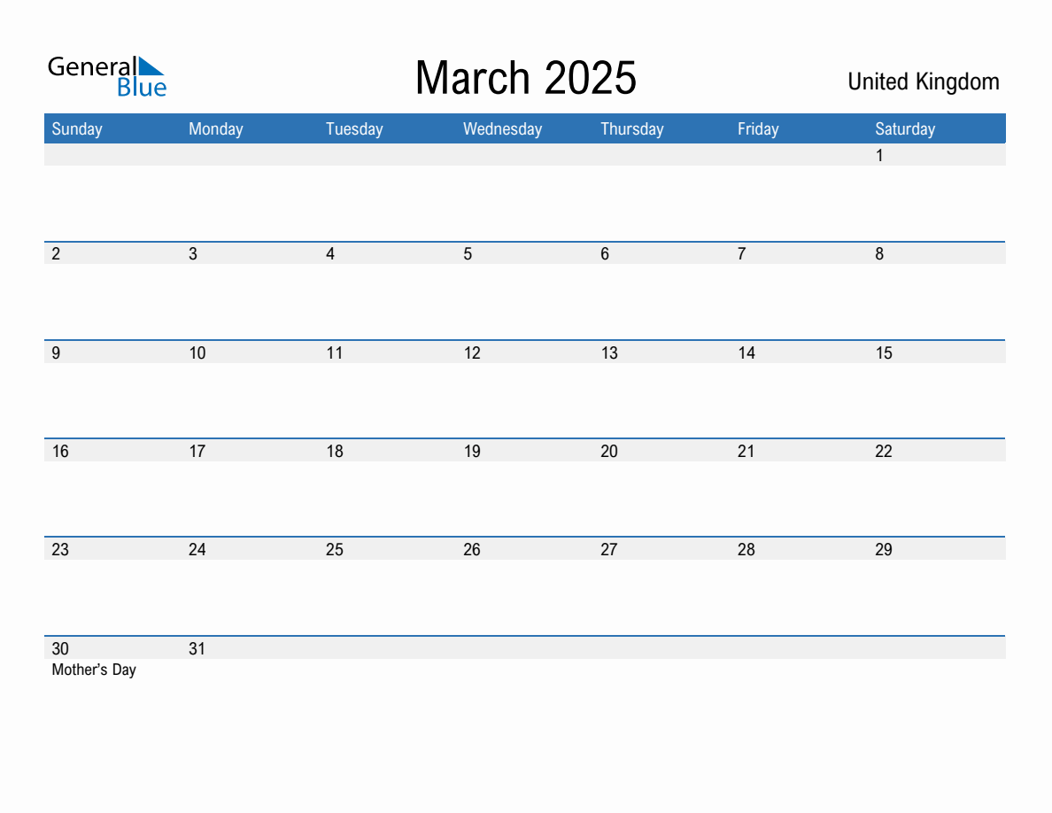 March 2025 Monthly Calendars with United Kingdom Holidays