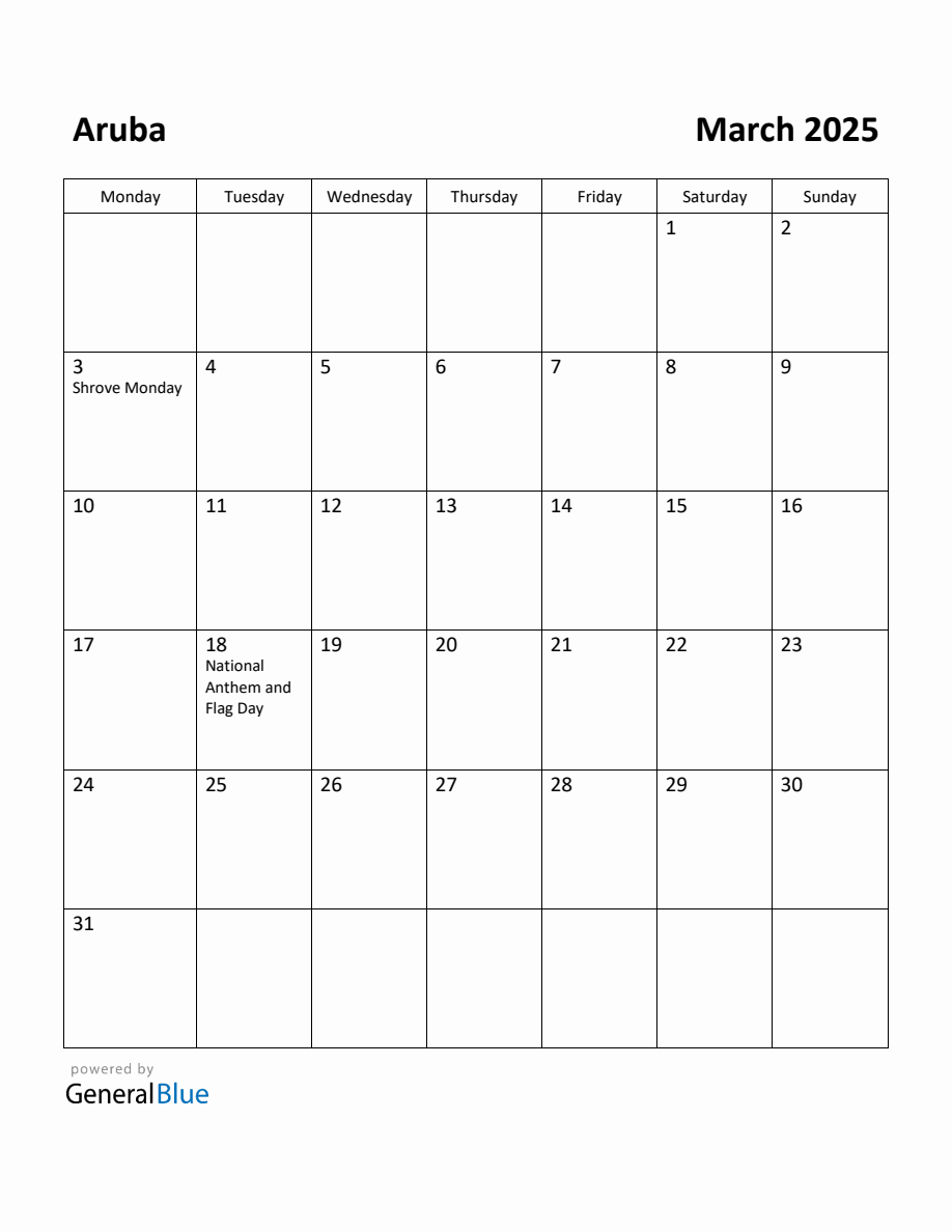 Free Printable March 2025 Calendar for Aruba (Monday Start)