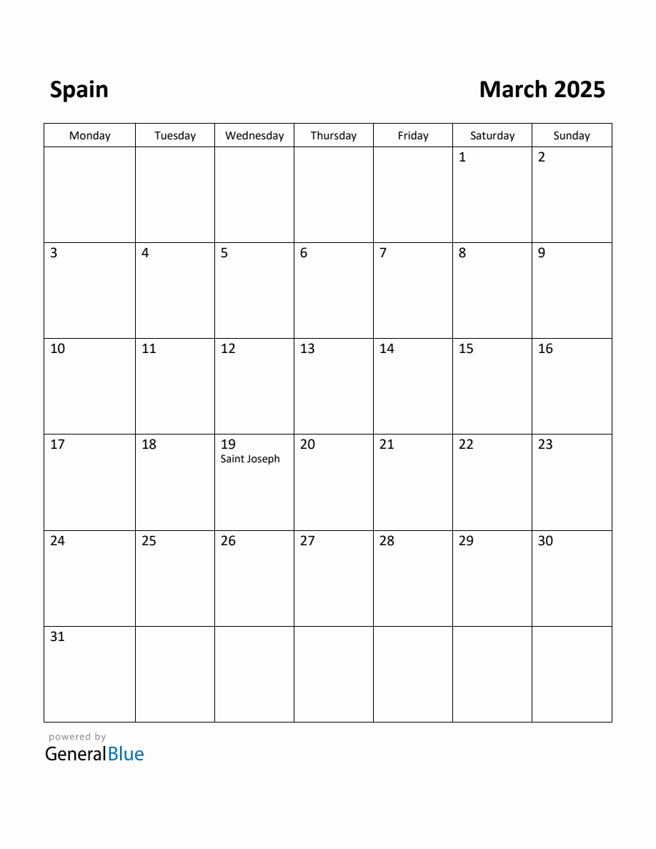 Free Printable March 2025 Calendar for Spain (Monday Start)
