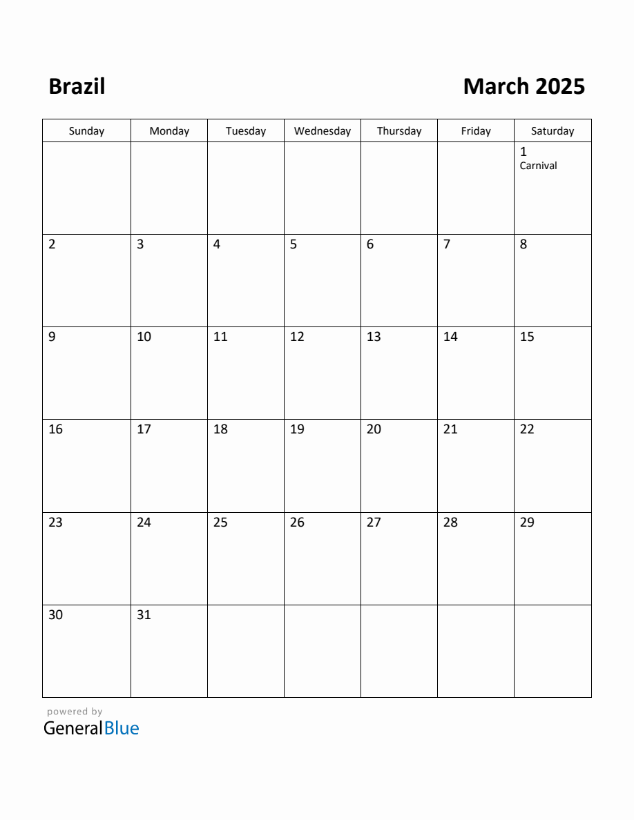 Free Printable March 2025 Calendar for Brazil