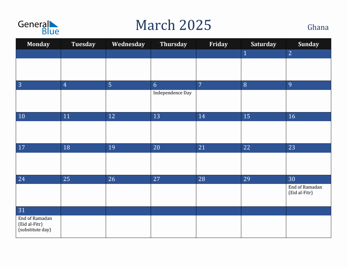 March 2025 Ghana Holiday Calendar (Monday Start)