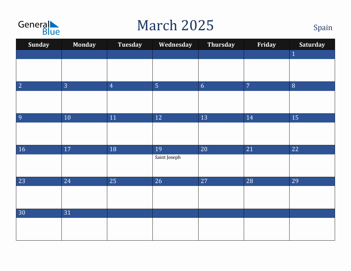 March 2025 Spain Holiday Calendar