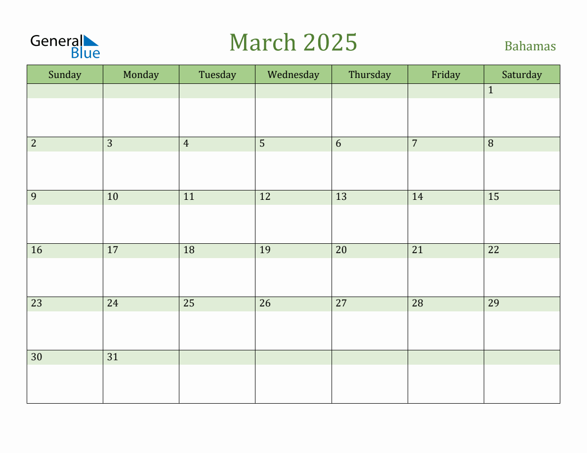 Fillable Holiday Calendar for Bahamas - March 2025