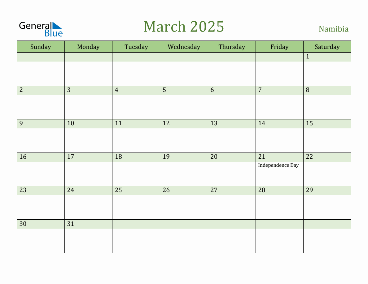 Fillable Holiday Calendar for Namibia - March 2025