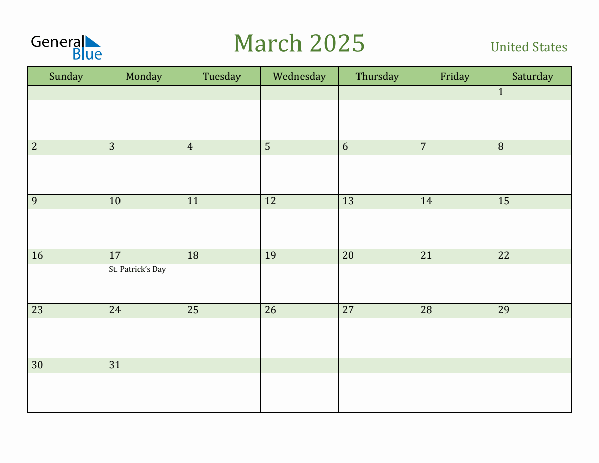 Fillable Holiday Calendar for United States - March 2025