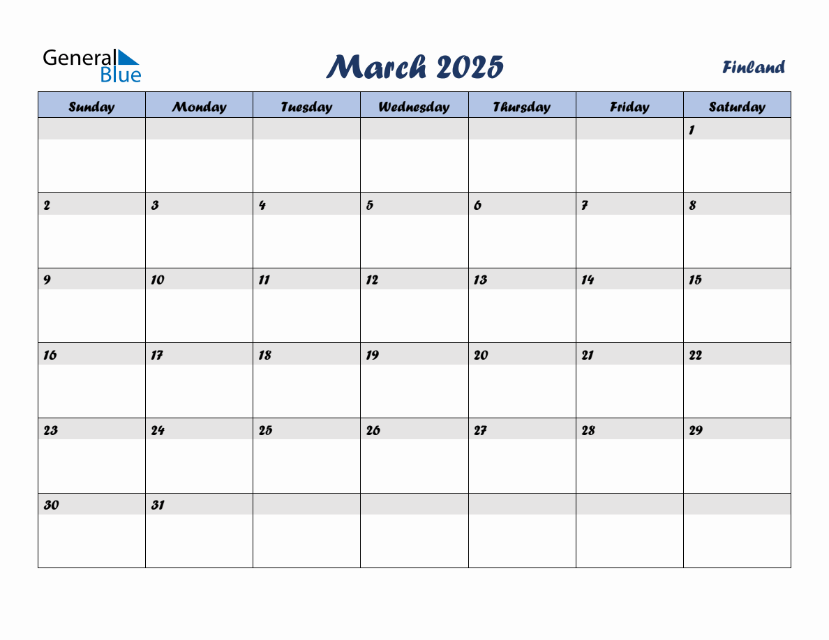 March 2025 Monthly Calendar Template with Holidays for Finland