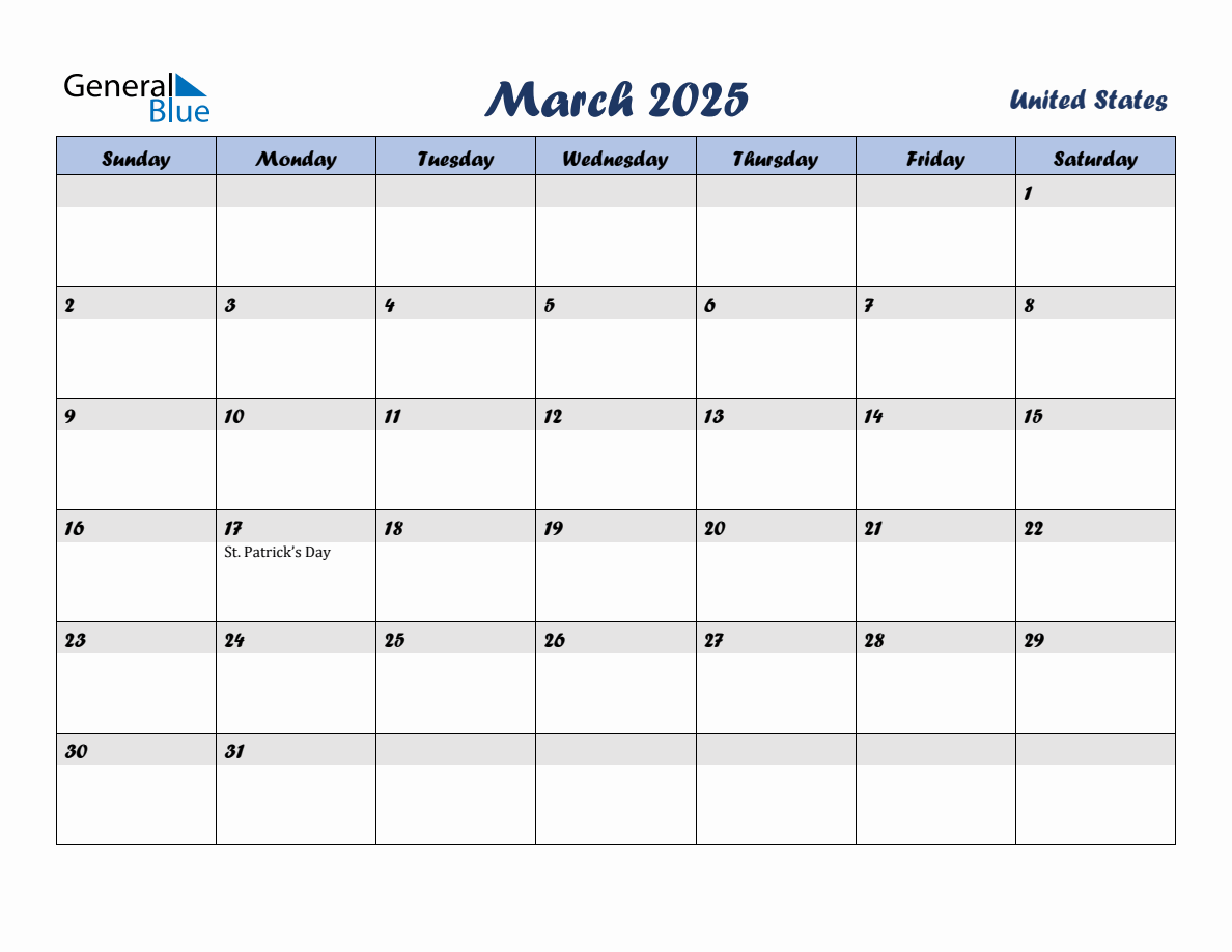 March 2025 Monthly Calendar Template with Holidays for United States