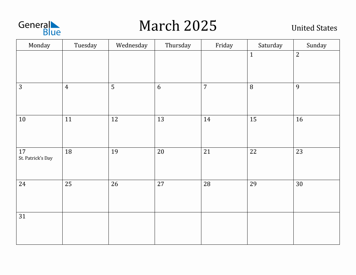 March 2025 Monthly Calendar with United States Holidays (Monday Start)