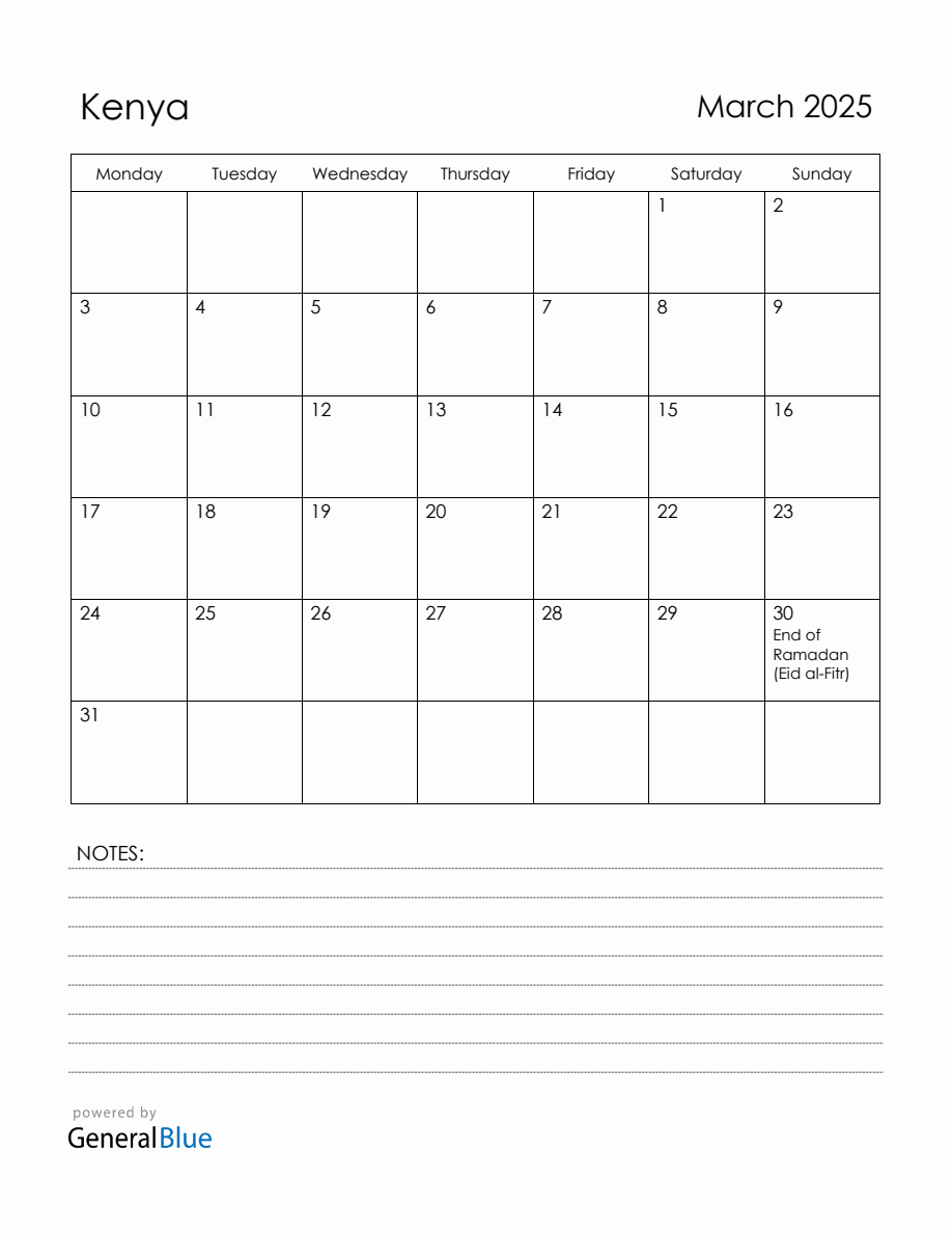 March 2025 Kenya Calendar with Holidays (Monday Start)