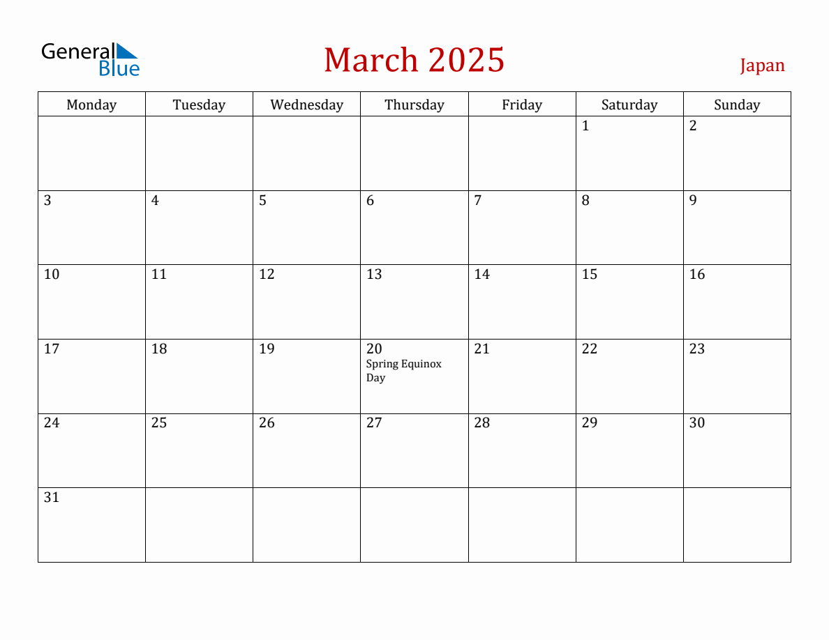March 2025 Japan Monthly Calendar with Holidays (Monday Start)
