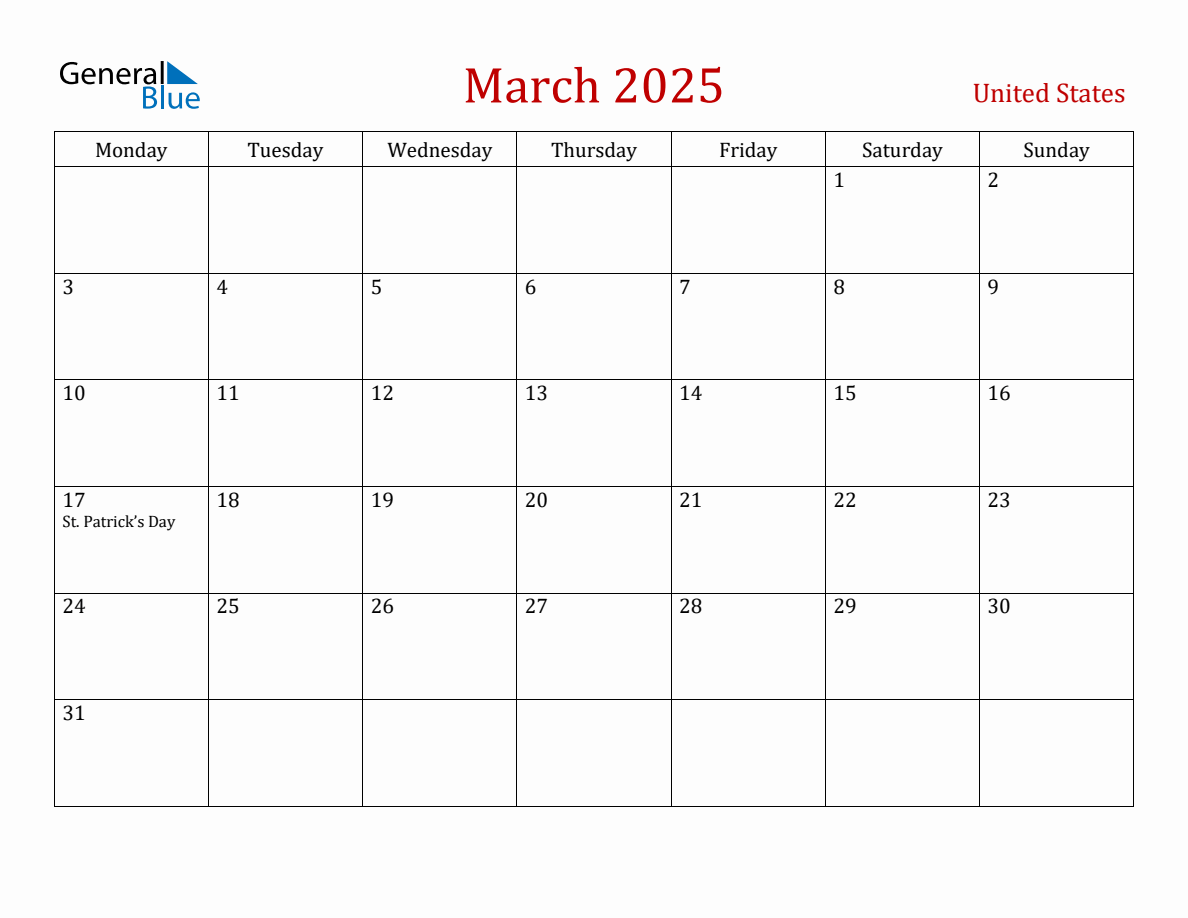March 2025 United States Monthly Calendar with Holidays (Monday Start)