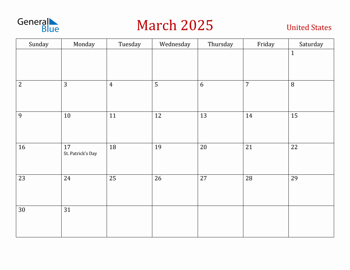 March 2025 United States Monthly Calendar with Holidays