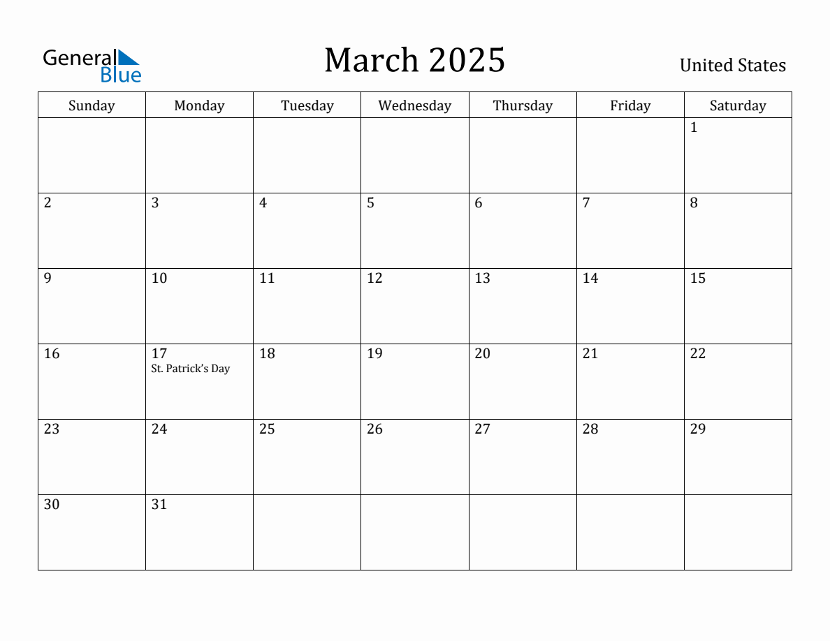 March 2025 Monthly Calendar with United States Holidays