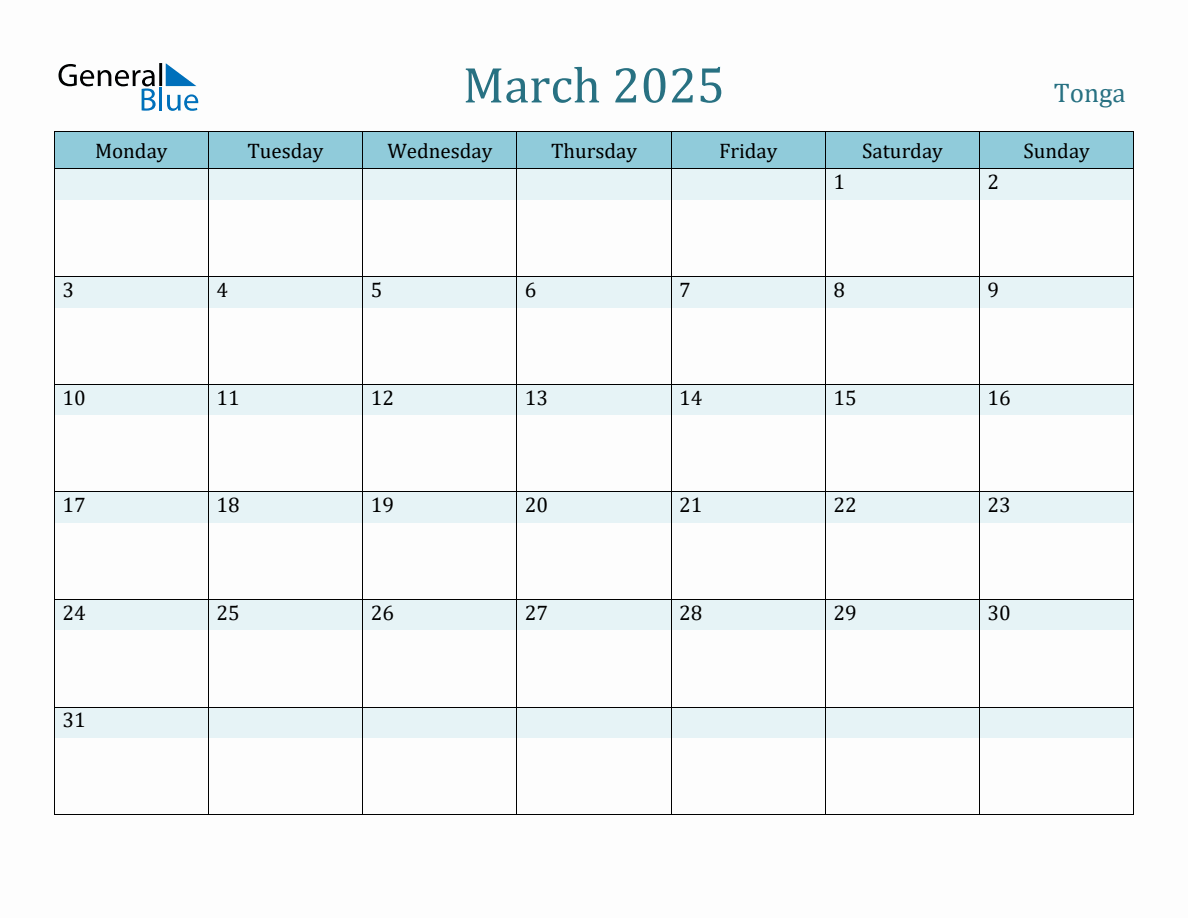 Tonga Holiday Calendar for March 2025 (Monday Start)